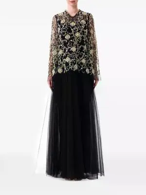 DINA MELWANI Floral-embellished Layered Maxi Dress - Black