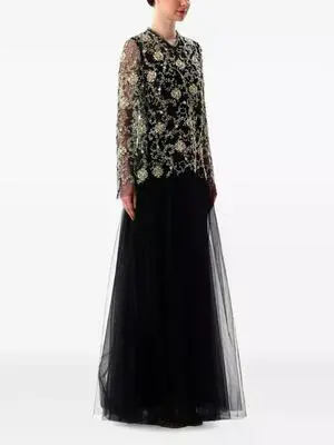 DINA MELWANI Floral-embellished Layered Maxi Dress - Black
