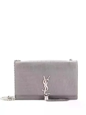 Saint Laurent Classic Monogram Tassel Crocodile Embossed Leather Medium Crossbody Bag - Grey