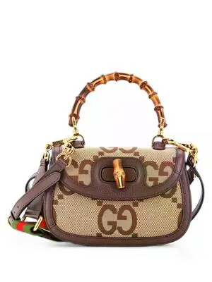 Gucci Bamboo 1947 Top Handle Bag Jumbo Gg Canvas Small Satchel - Brown