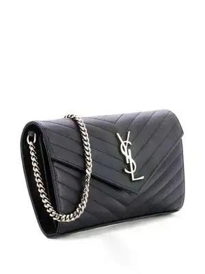 Saint Laurent Classic Monogram Wallet On Chain Matelasse Chevron Leather Medium Crossbody Bag - Black