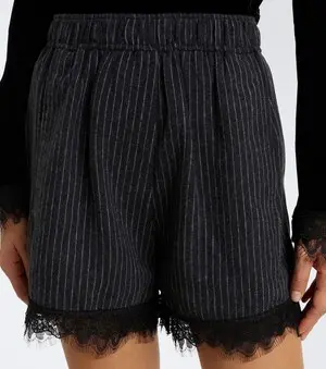 GANNI Lace-trimmed Pinstripe Flannel Shorts