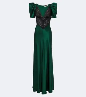 RODARTE Lace-trimmed Silk Satin Gown Green