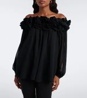 Carolina Herrera Floral-appliqué Gathered Silk Top
