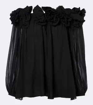 Carolina Herrera Floral-appliqué Gathered Silk Top - Black