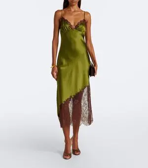 Staud Lara Lace-trimmed Silk-blend Satin Slip Dress - Green