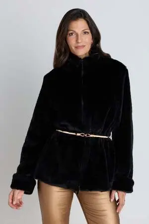 THE NOLI SHOP Antonia Belted Fur Jacket - Black
