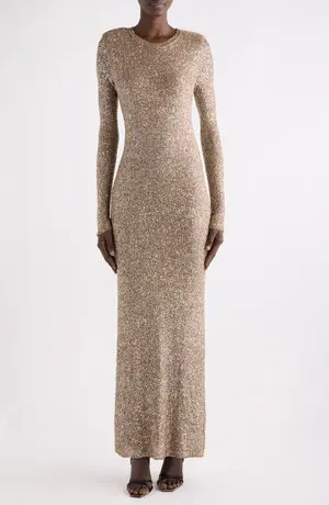 Saint Laurent Long Sleeve Maxi Gown - Marron/argent