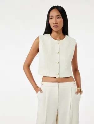 Koton Round Neck Floral Textured Cropped Vest With Jeweled Buttons - Ecru