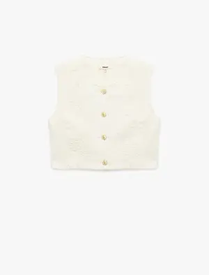 Koton Round Neck Floral Textured Cropped Vest With Jeweled Buttons