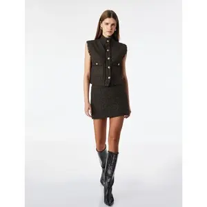 Koton Funnel Neck Tweed Vest With Button And Pocket - Brown
