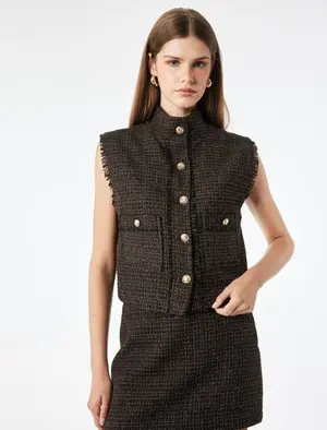Koton Funnel Neck Tweed Vest With Button And Pocket