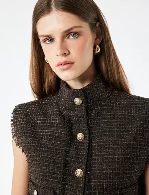 Koton Funnel Neck Tweed Vest With Button And Pocket