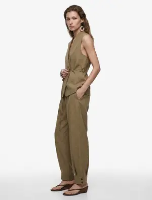 Koton Linen Blend V-neck Tailored Vest With Belt - Khaki