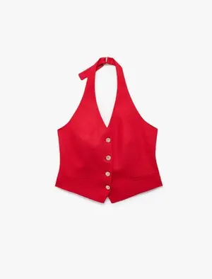 Koton Linen Blend Halter Neck Button Vest