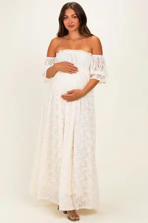 PINKBLUSH Lace Off Shoulder Maxi Dress - Ivory