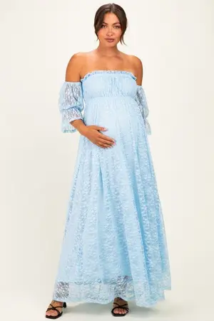 PINKBLUSH Lace Off Shoulder Maxi Dress - Light Blue