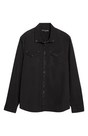 John Varvatos Marshall Studded Coated Cotton Denim Snap-up Western Shirt - Black