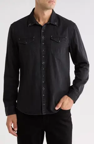 John Varvatos Marshall Studded Coated Cotton Denim Snap-up Western Shirt - Black