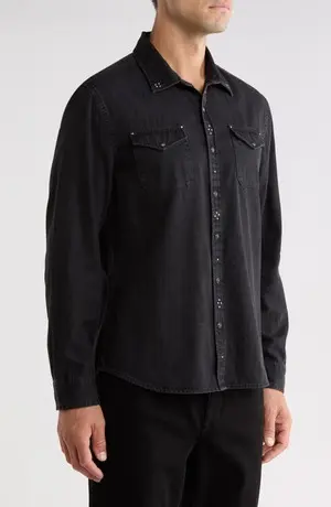 John Varvatos Marshall Studded Coated Cotton Denim Snap-up Western Shirt