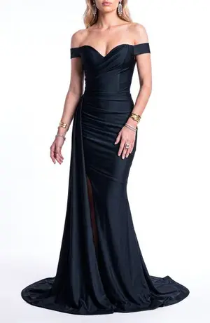 JESSICA ANGEL Off Shoulder Draped Side Slit Evening Gown - Black