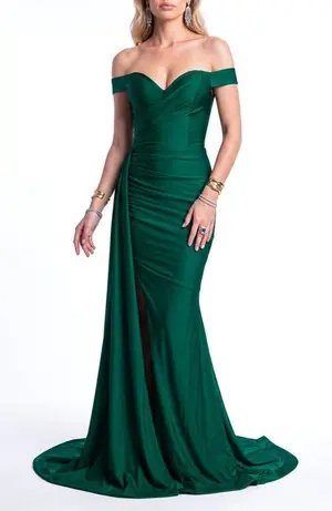 JESSICA ANGEL Off Shoulder Draped Side Slit Evening Gown Forest Green