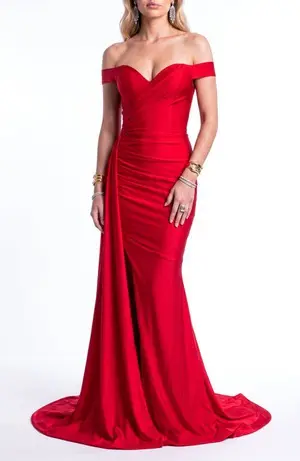 JESSICA ANGEL Off Shoulder Draped Side Slit Evening Gown - Red