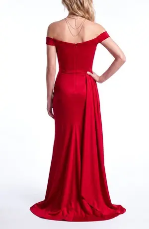 JESSICA ANGEL Off Shoulder Draped Side Slit Evening Gown - Red