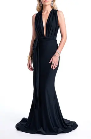 JESSICA ANGEL Plunging V-neck Tie-waist Mermaid Evening Gown - Black
