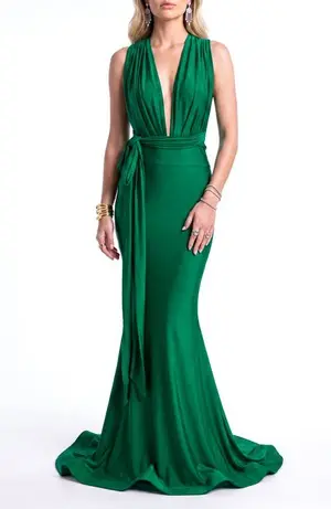 JESSICA ANGEL Plunging V-neck Tie-waist Mermaid Evening Gown - Forest Green