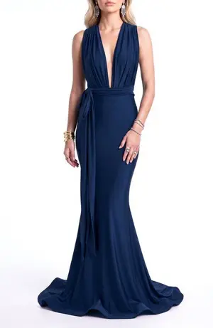 JESSICA ANGEL Plunging V-neck Tie-waist Mermaid Evening Gown - Navy