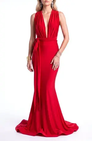 JESSICA ANGEL Plunging V-neck Tie-waist Mermaid Evening Gown - Red
