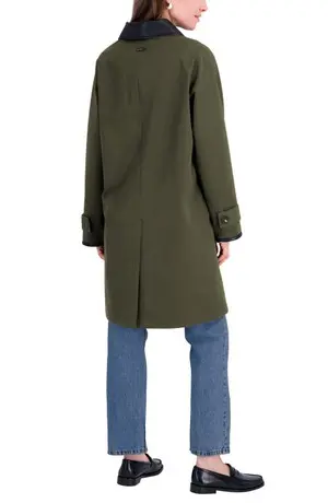 Tahari Ingrid Faux Leather Trim Rain Coat - Olive