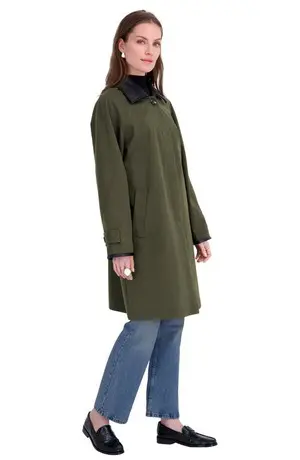 Tahari Ingrid Faux Leather Trim Rain Coat - Olive