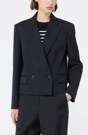 Max Mara Pinstripe Wool Blend Cropped Blazer - Navy