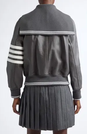 Thom Browne Oversized Raglan Sleeve Leather Blouson Jacket - Dark Grey