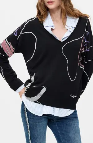 Desigual Floral V-neck Sweater - Black