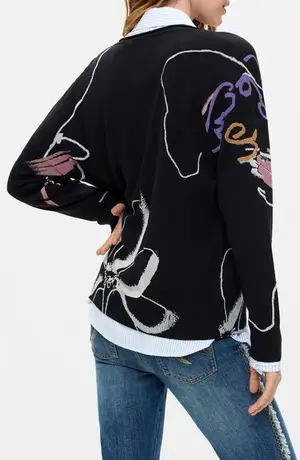 Desigual Floral V-neck Sweater - Black