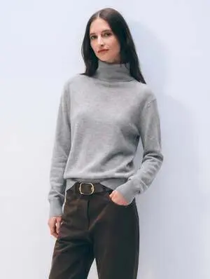 WHITE & WARREN Cashmere Rib Trim Easy Turtleneck Sweater In Size - Grey