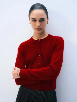 WHITE & WARREN Cashmere Crewneck Cardigan Sweater In Size - Red
