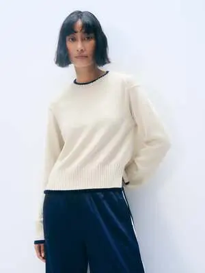 WHITE & WARREN Varsity Cotton Crewneck Top In Size In Cotton/polyester - Navy