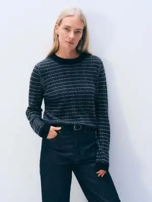 WHITE & WARREN Cashmere Waffle Stripe Crewneck Top In Size - Navy