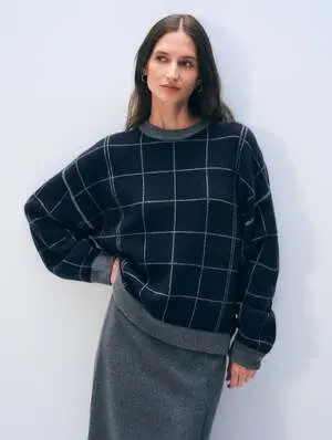 WHITE & WARREN Reversible Cashmere Blend Windowpane Sweatshirt In Size - Navy