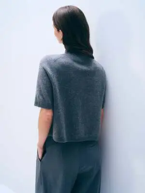 WHITE & WARREN Cashmere Mockneck Tee Top - Graphite Heather