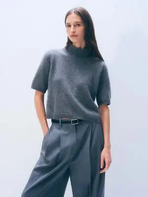 WHITE & WARREN Cashmere Mockneck Tee Top - Graphite Heather