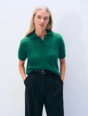 WHITE & WARREN Mohair Blend Polo Shirt Sweater In Size - Bright Emerald