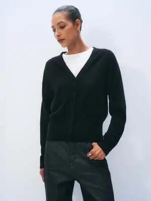 WHITE & WARREN Cashmere Deep V Cardigan Sweater - Black