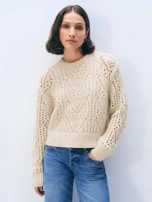 WHITE & WARREN Cashmere Blend Crewneck Sweater Top - Ivory