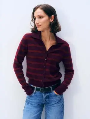 WHITE & WARREN Cashmere Striped Cardigan Sweater In Size - Red