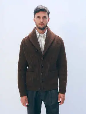 WHITE & WARREN Merino Wool Donegal Shawl Cardigan Sweater - Walnut Donegal